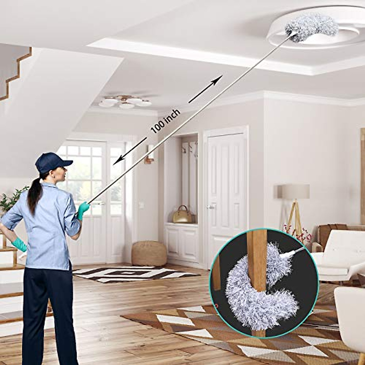 Uwilowe Microfiber Duster with Extension Pole 30 to 100"(Stainless Steel), with Bendable Head, Telescoping Extendable Long Dusters for Cleaning Ceiling Fan, Keyboard, Furniture, Cars