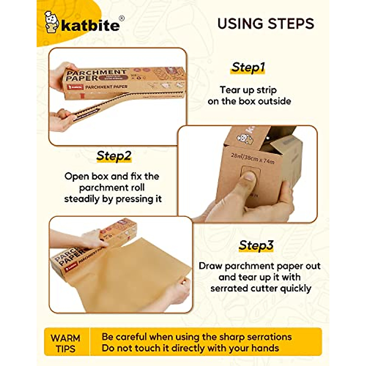 Katbite 15in x 242ft, 300 Sq.Ft Unbleached Parchment Paper Roll for Baking, Parchment Baking Paper with Serrated Cutter, Non-stick Longer Parchment Roll for Cooking, Air Fryer, Steaming, Bread