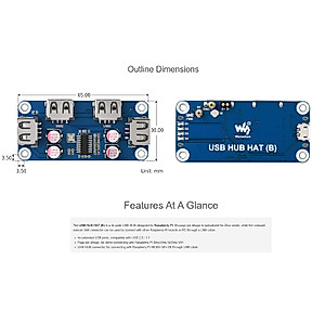 waveshare USB HUB HAT B Expansion Board for Raspberry Pi 4 B/3 B+/3 A+/2 B/Zero/Zero 2 W/W/WH,PC,4 USB Ports Compatible with USB2.0/1.1