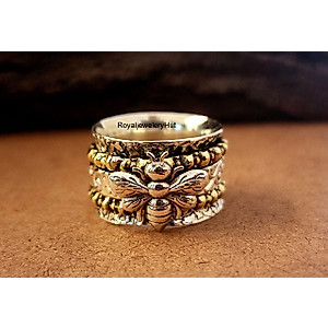 Silver Honey Bee Spinner Ring, 925 Solid Sterling Silver Ring, Three Band Fidget Ring, Anxiety Relief Ring, Boho Spin Ring, Women Ring, Men Ring (9.5)