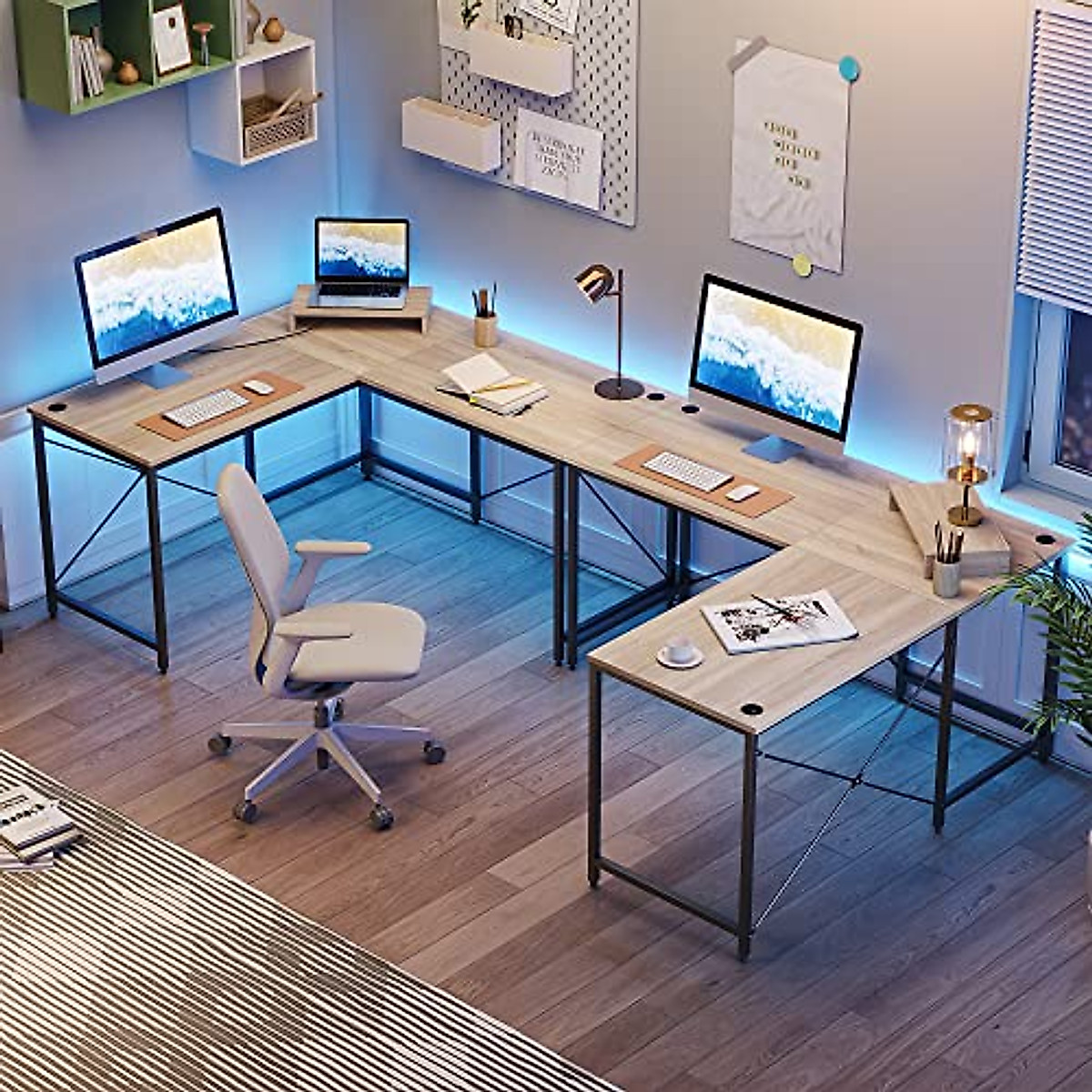 Bestier L Shaped Desk Computer Long Desk Reversible Corner Desk for Home Office Large Craft Table U Shaped 2 Person Gaming Workstation with Monitor Stand 3 Cable Holes L Desk, Light Oak