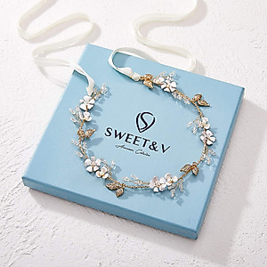 SWEETV Handmade Wedding Headband Flower-Leaf Bridal Headpieces for Wedding Hair Accessories Brides Hair Pieces Gold