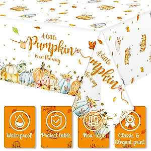 WovWeave 3 Pack Little Pumpkin Tablecloths Fall Baby Shower Party Decorations for Boy Girl A Little Pumpkin is On The Way Table Covers for Thanksgiving Pumpkin Party Favors Table Decor Supplies