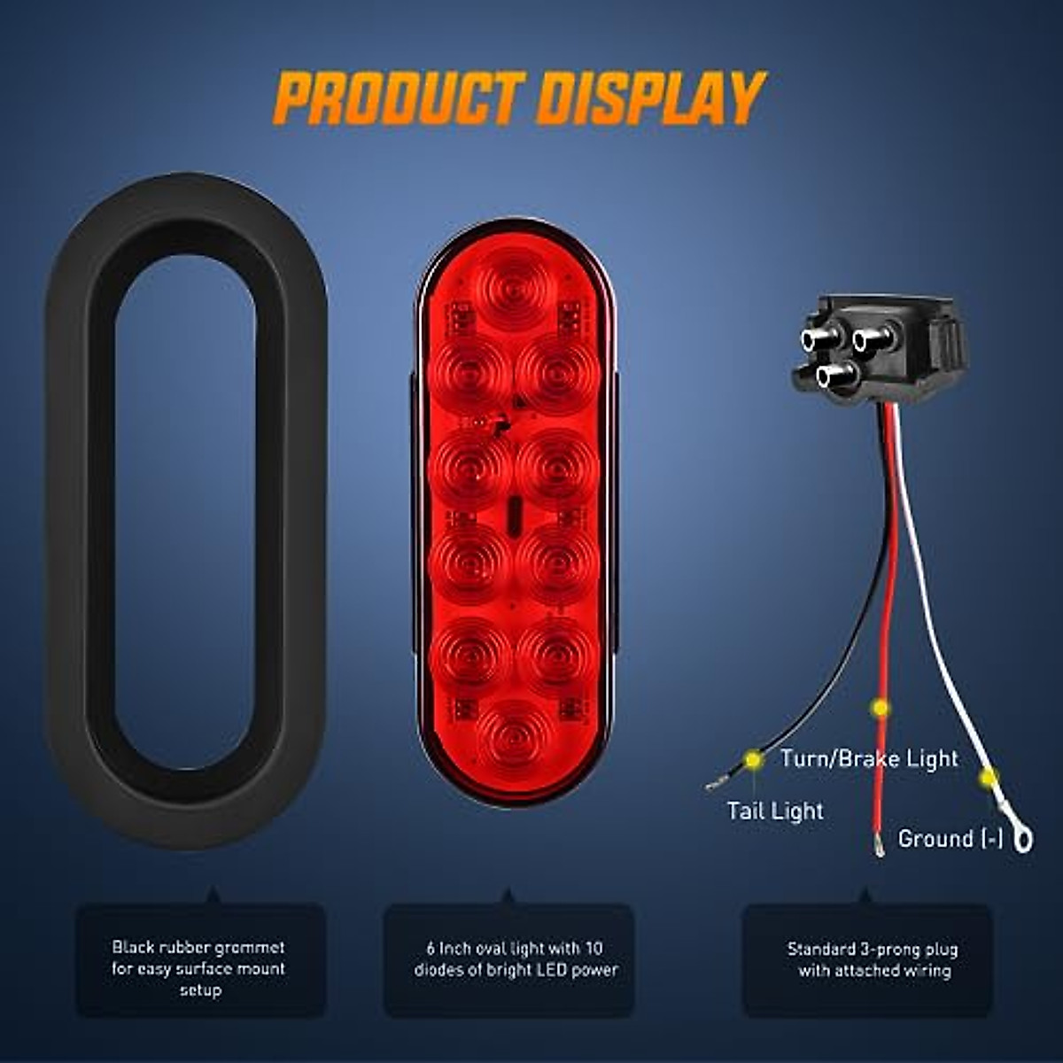 Nilight 6Inch Oval Trailer Tail Light 6PCS Red Amber White 10LED with Flush Mount Grommets Plugs IP67 Waterproof Brake Turn Signals Reverse Lights for RV Truck Trailer, 2 Years Warranty