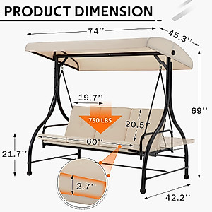 U-MAX Outdoor Proch Swing Chair with Adjustable Backrest&Canopy, Patio Swing Set 2-in-1 Convertible Outdoor Swing Patio Canopy Swing Daybed with Removable Beige Cushions for Adults