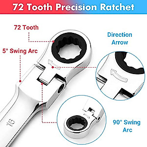 Towallmark 14-Piece Flex-Head Wrench Set, Ratcheting Combination Set, SAE 5/16"-11/16""& Metric 8-16mm, 72-Teeth,Cr-V Steel Ratchet Wrenches Set with Storage Bag for truck/garage projects, etc.