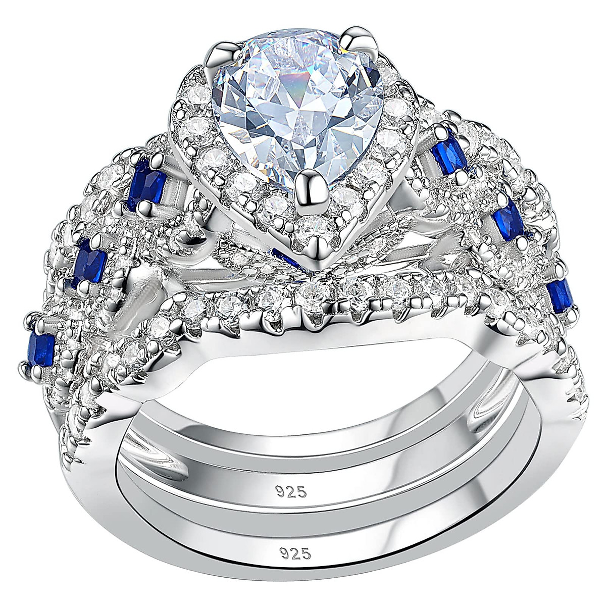 Newshe Engagement Wedding Ring Set 925 Sterling Silver 3pcs 3.0ct Pear Shape White Cz Blue Gemstone Size 7