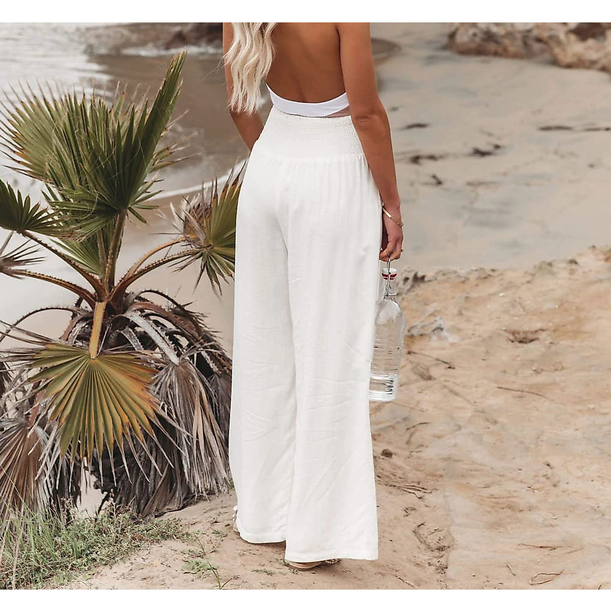 Women Cotton Linen Pants Elastic High Waisted Palazzo Lounge Pants Loose Beach Trousers with Pockets (White, XL)
