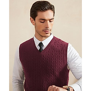 Kallspin Men’s Wool Blended Cable Knit Vest Sweater V Neck Relaxed Fit Sleeveless Pullovers (Burgundy Red Medium)