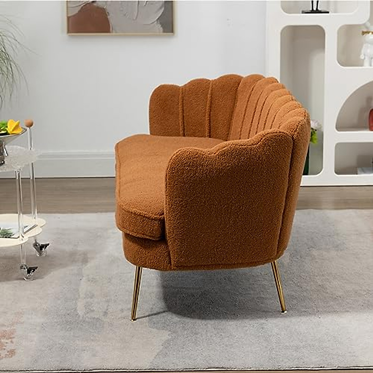 59" Wide Modern Loveseat Small Sofa Couch Mini Room Couch Boucle Upholstered Two-Seater Sofa with Gold Metal Legs, Channel Tufted Back Loveseat Sofa for Small Space Bedroom Studio Apartment, Caramel