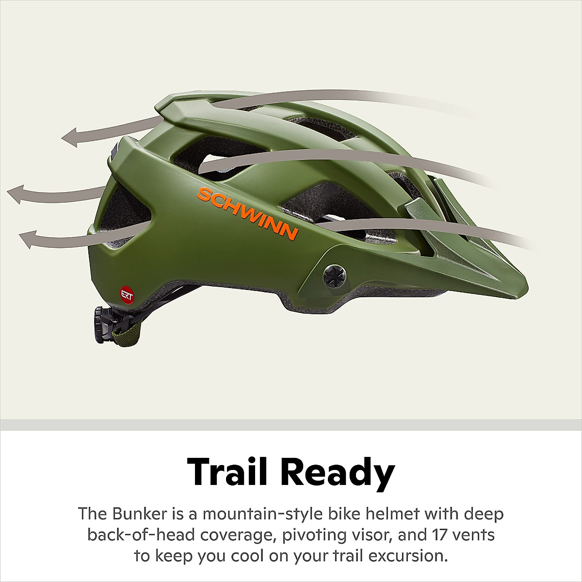 Schwinn Bunker ERT Bike Helmet for Adult Men Women, Can Fit Head Circumference 59-63cm, with 17 Air Vents, Pivoting Visor, & Adjustable Locking Strap, Large, Green