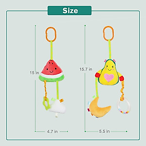 2PCS Soft Plush Hanging Stroller Toys with Teether and Rattles,Newborn Stroller Car Seat Crib Toys Colorful Fruits Sensory Early Development Toy for 0-12 Months Toddlers