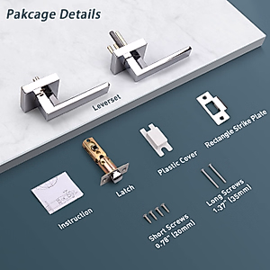 DECORITEN 3 Pack Heavy Duty Privacy Door Levers Interior Door Handles in Polished Chrome, Square Keyless Door Handle Sets for Bedroom Bathroom