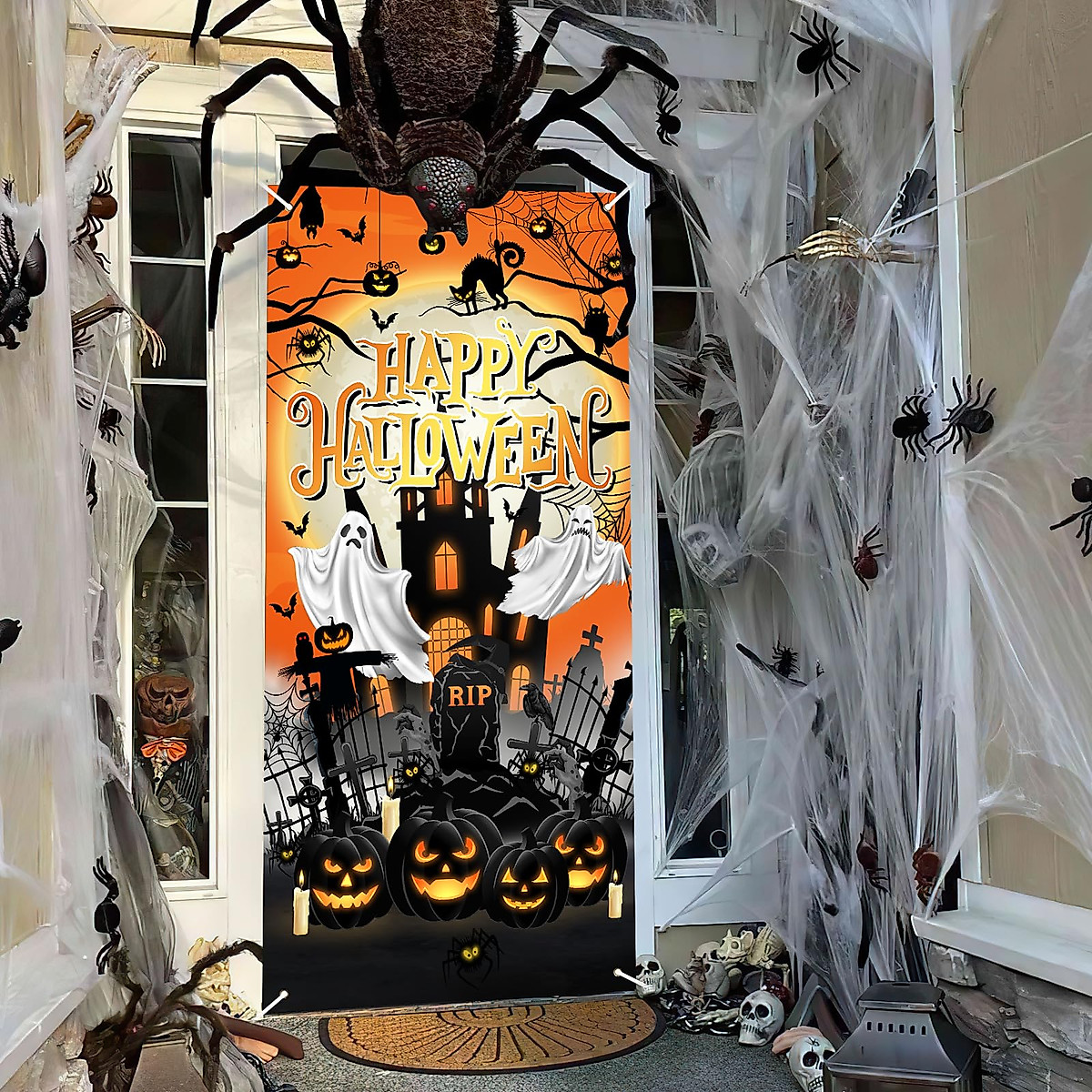 Avezano Halloween Door Decorations Happy Halloween Door Cover Haunted House Scary Cemetery Halloween Door Banner Sign Halloween Decorations Indoor Outdoor (Orange)