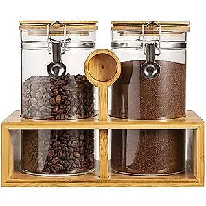 Yangbaga Glass Coffee Containers with Shelf, 2 x 45 FLOZ Coffee Bean Storage with Airtight Locking Clamp and Bamboo Spoon, Large Capacity Food Storage Jar for Kitchen