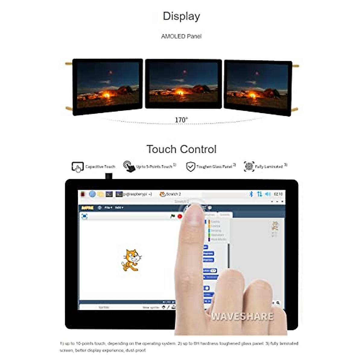waveshare 5inch Capacitive Touch AMOLED Display Compatible with Raspberry Pi 5/4B/3B+/3A+/2B/B+/A+/Zero/Zero W/WH/Zero 2W CM3+/4 960×544 Resolution HDMI Optical Bonding Supports Jetson Nano/Windows