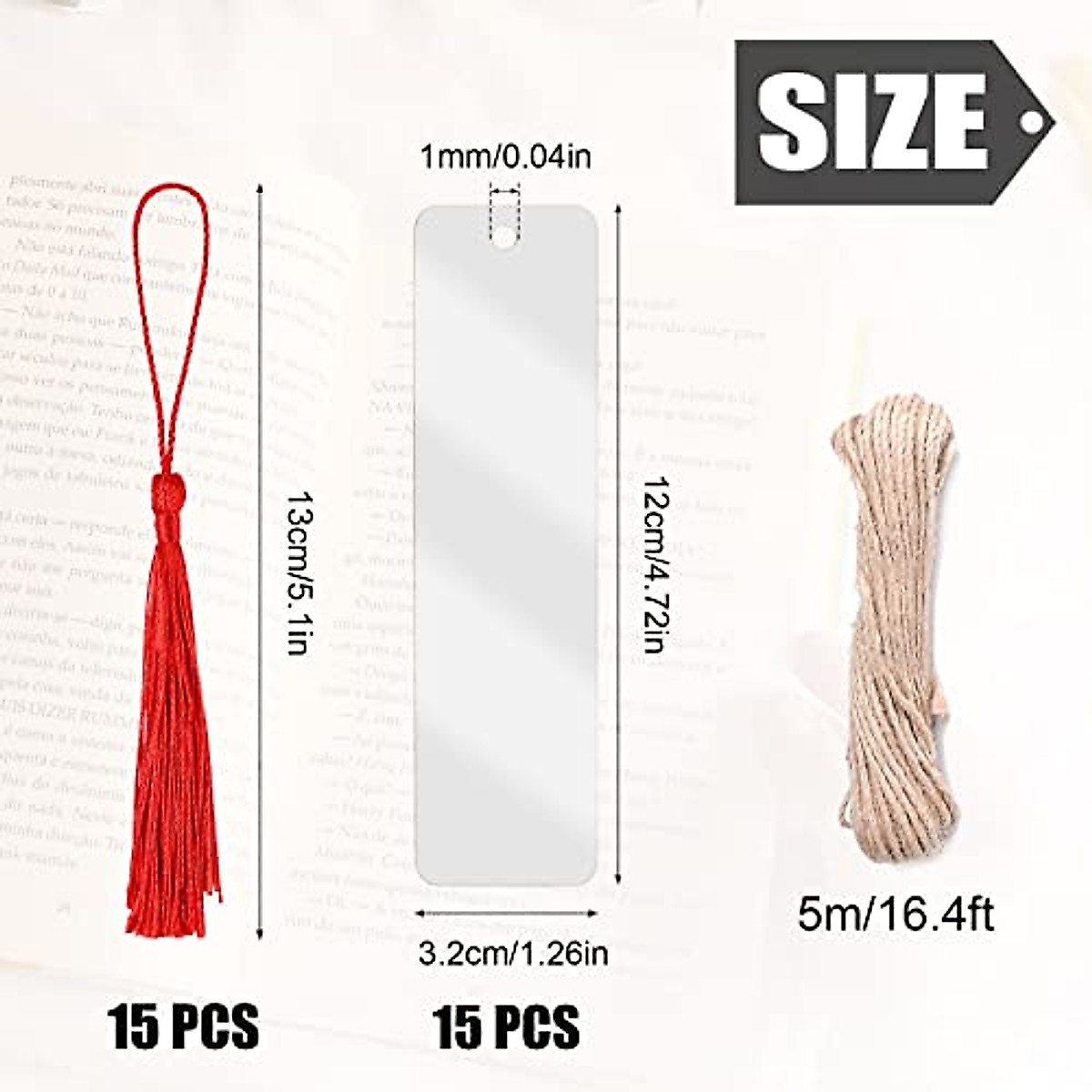 SAVITA 15pcs Acrylic Bookmark, Plastic Transparent Bookmark, Clear Bookmark Blank Bookmarks Crafts with Tassels Hemp Rope for DIY Project Decoration (5 Colors)