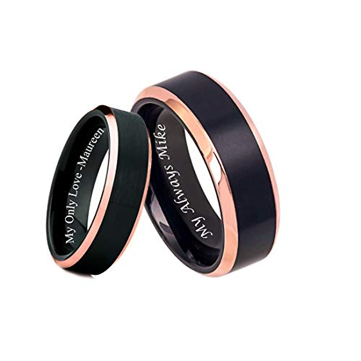 Personalized Rose Gold & Brushed Black Stainless Steel Ring Set Custom Engraved Free - Couple's Ring Set - Wedding Band - Ships from USA