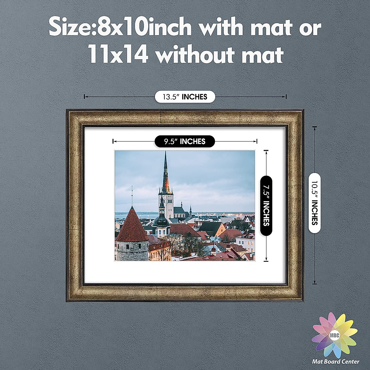 Mat Board Center, 11x14 Picture Frame Vintage Antique Style Dark Gold Brown & Bronze, Matted to 8x10 - White Mat - Tempered Glass