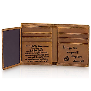 Fundykee Engraved Mens Wallet Personalized Leather Wallet for Men Husband Dad Son Boyfriend Love Custom Gifts (Tri-fold wallet to my love)
