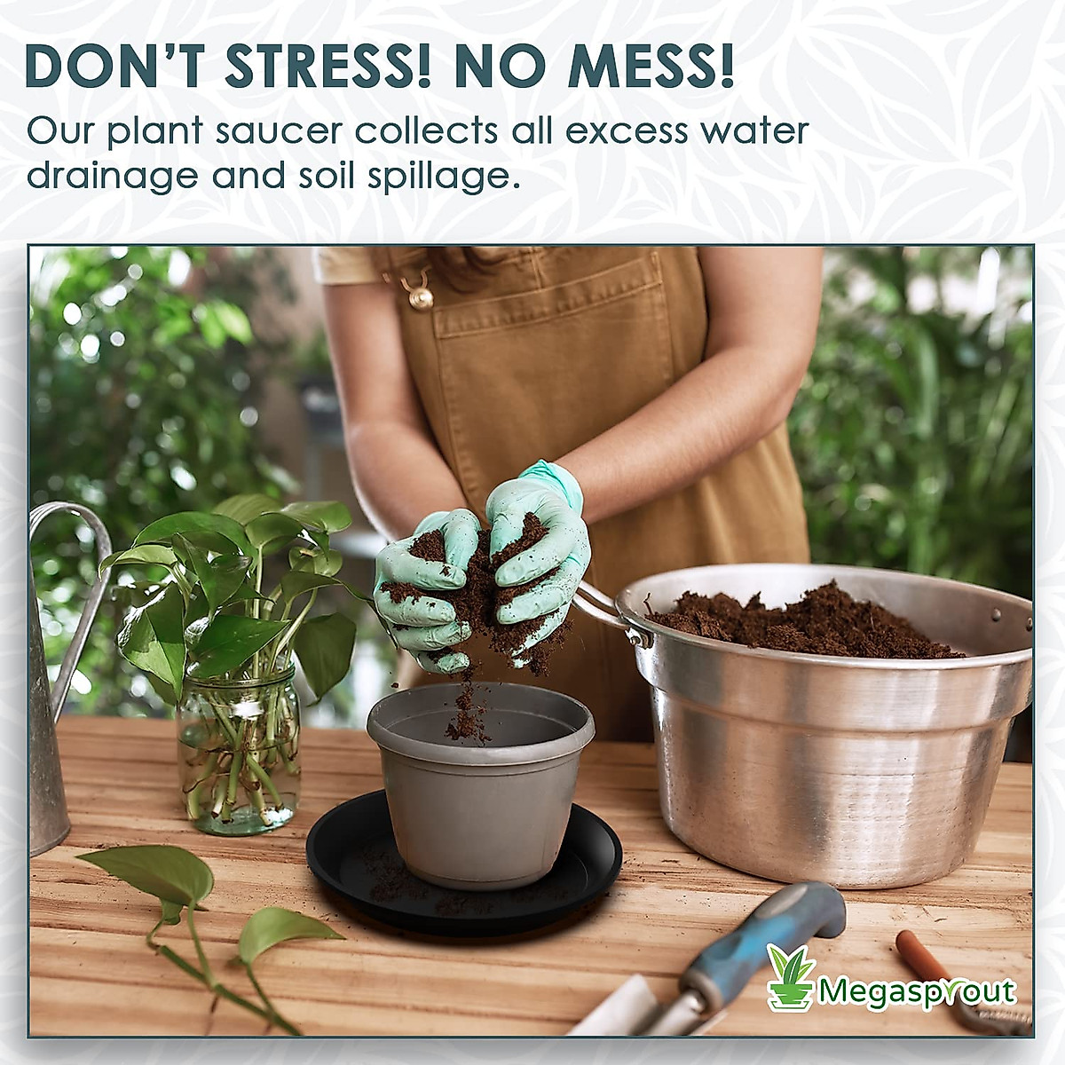 MegaSprout 6 Plant Saucer Trays 9 Inch | Sturdy Plastic Plant Trays for Pots & Planters | Protect & Enhance Surfaces with Black Round Flower Pot Saucers | Large Plant Saucers for Indoors