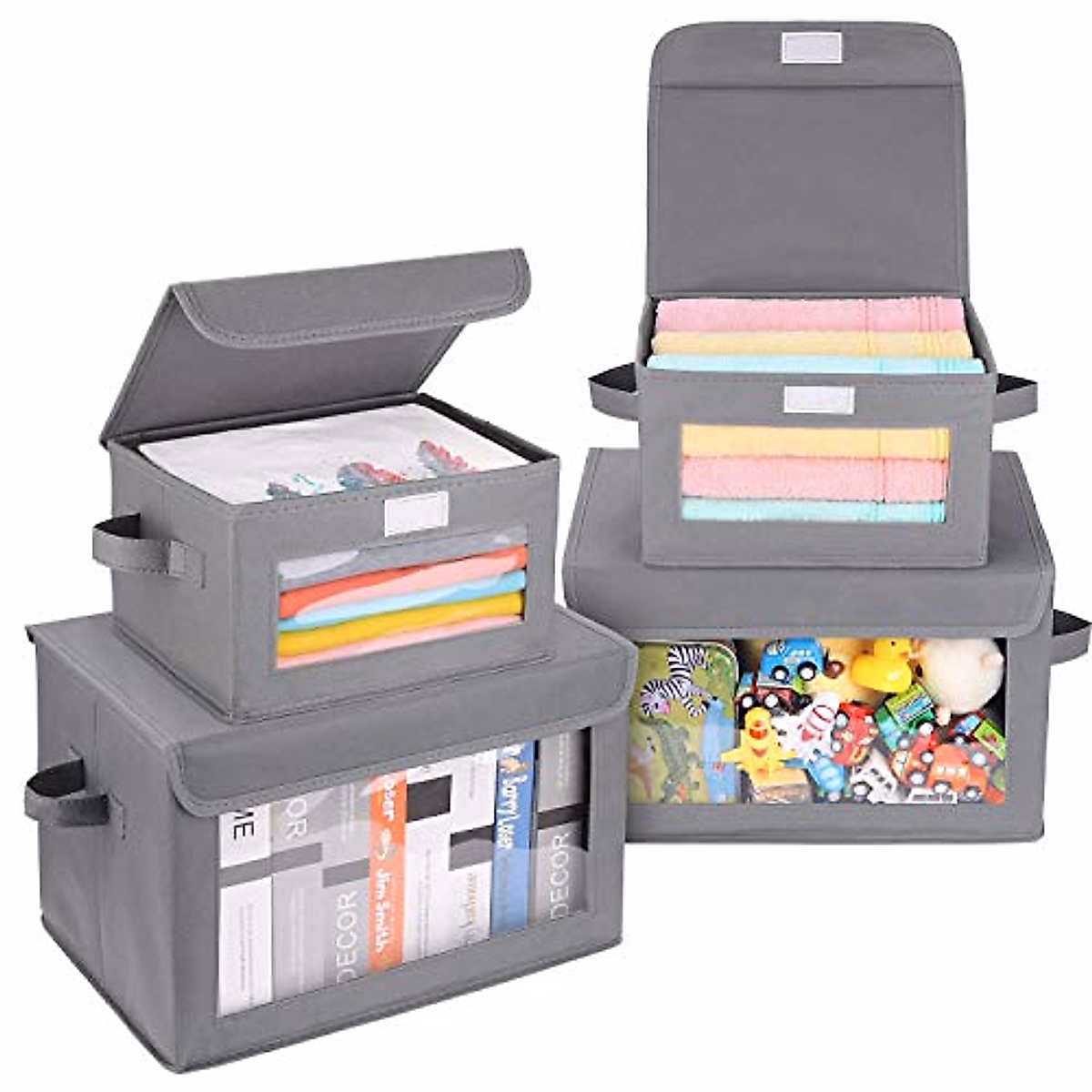 DIMJ 4-Pack Storage Bins with Flip-top Lids, Collapsible Fabric Storage Baskets Organizer Box with Large Clear Window for Clothes, Toys, Books, Closet, Shelves, Kids Room, Office, Dark Grey