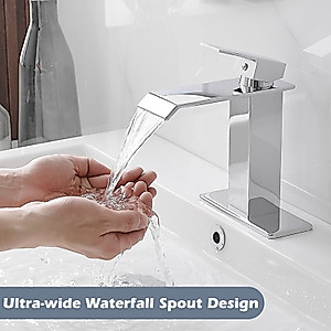 BWE Bathroom Faucet Chrome Modern Waterfall with Pop Up Drain for Sink 1 Single Hole Bathroom Sink Faucet Parts Spout Bath Lavatory Vanity Stopper Overflow and Supply Hose Single Handle Square