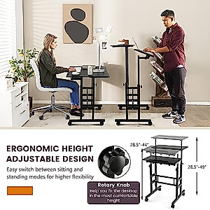 Tangkula Mobile Standing Desk Stand Up Desk, Height Adjustable Computer Desk with Standing & Seating 2 Modes, Tilting Tabletop & Flexible Wheels, Rolling Laptop Cart Sit Stand Desk