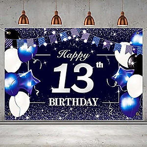 P.G Collin Happy 13th Birthday Banner Backdrop Sign Background 13 Birthday Party Decorations Supplies for Boys Kids 6*4ft Blue White 13