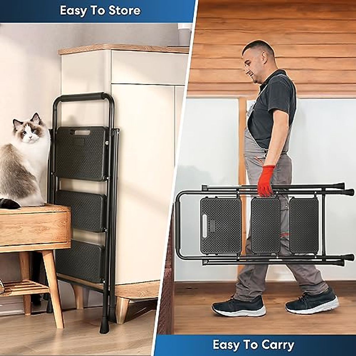 3 Step Ladder, Miscoos Folding Step Stool for Adults with Wide Anti-Slip Pedal, Sturdy Steel Ladder, Lightweight, Convenient Handgrip, Portable Kitchen& Household Small Step Ladder, Black