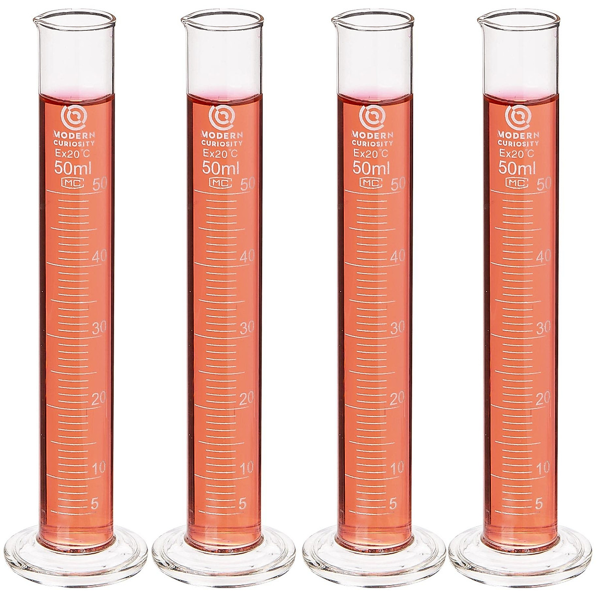 Modern Curiosity - Glass Graduated Cylinders - Education & Research Equipment - Industrial & Academic Laboratory - Borosilicate Glass Measuring Cups - Science & Chemistry Class Supply (50mL, 4 Pk)