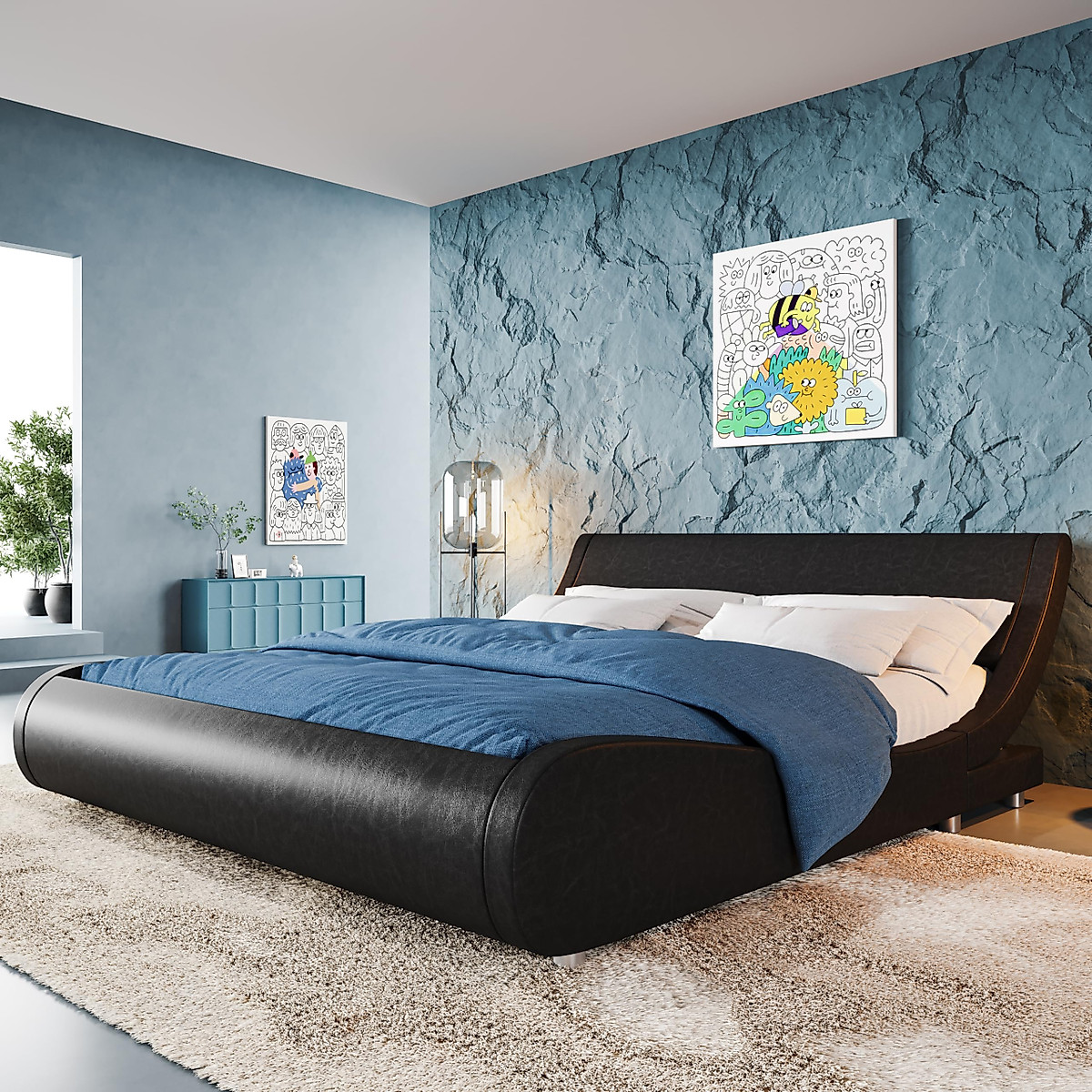 Allewie Upholstered Queen Size Platform Bed Frame Modern Low Profile Sleigh Bed with Faux Leather Adjustable Headboard, Wood Slat Support, Easy Assembly, No Box Spring Needed, Glossy Black