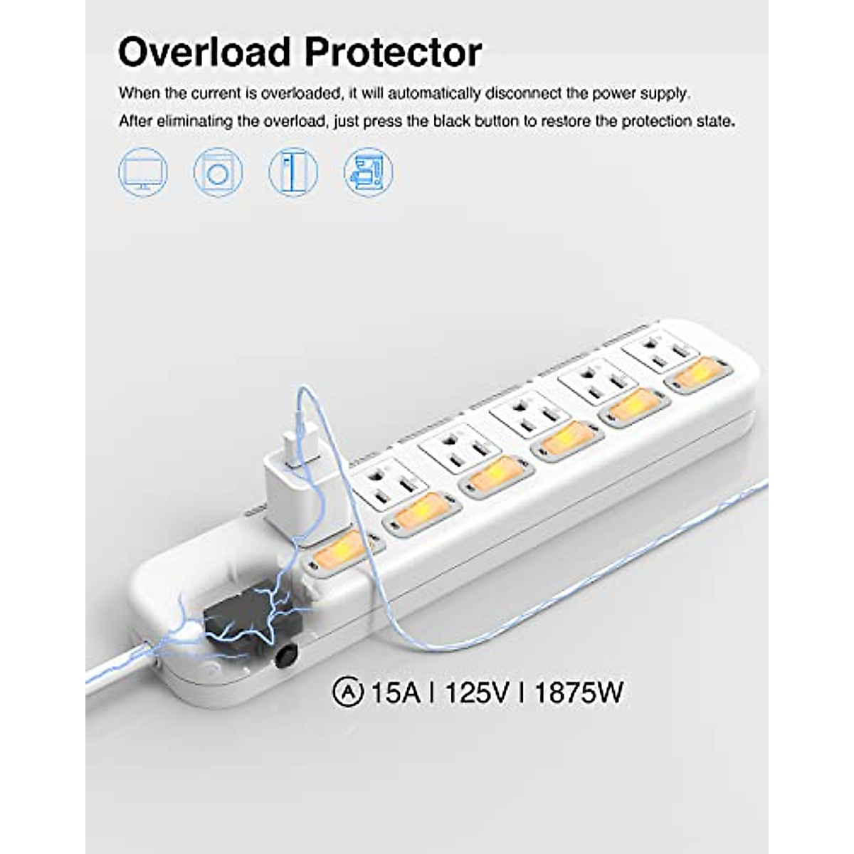 KRR Power Strip Independent Switches, Extension Cord 6 feet, 6 Outlets, 300J Surge Protector