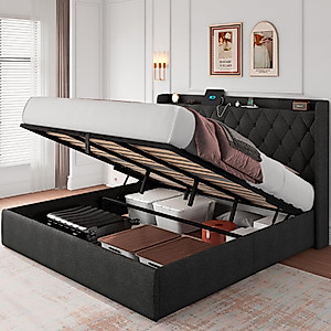 iPormis King Size Lift Up Storage Bed Frame with Charging Station, Upholstered Platform Bed Frame with Tufted Headboard, Hydraulic Storage, No Box Spring Needed, Noise-Free, Easy Assembly, Dark Grey