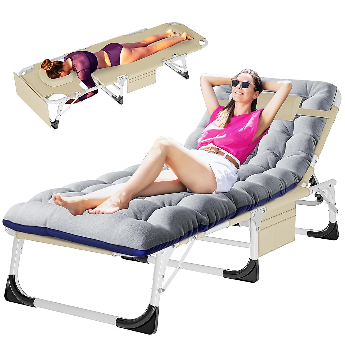 DoCred Folding Chaise Lounge Chair, Oversized Tanning Chair 5-Position Patio Chaise Lounge Beach Chair with Face Hole for Outside, Poolside, Beach, Lawn, Camping