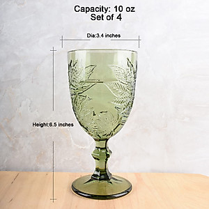 SANHECUN Wine Glasses Set Embossed Vintage Style Goblets 10 oz Green Set of 4(4, Wine Goblet 10 oz)