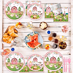 171Pcs Farm Animals Party Supplies Tableware Set Cute Pink Animal Baby Shower Includes Plate Napkins Cups Farm Tablecloth Banner for Farm Birthday Party Barn Animal Theme Party