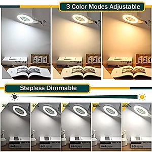10X Magnifying Glass with Light and Stand, TOMSOO Real Glass LED Lighted Magnifier, 3 Color Modes Magnifying Lamp Stepless Dimmable, Adjustable Swing Arm Desk Lamp with Clamp for Reading Repair Crafts