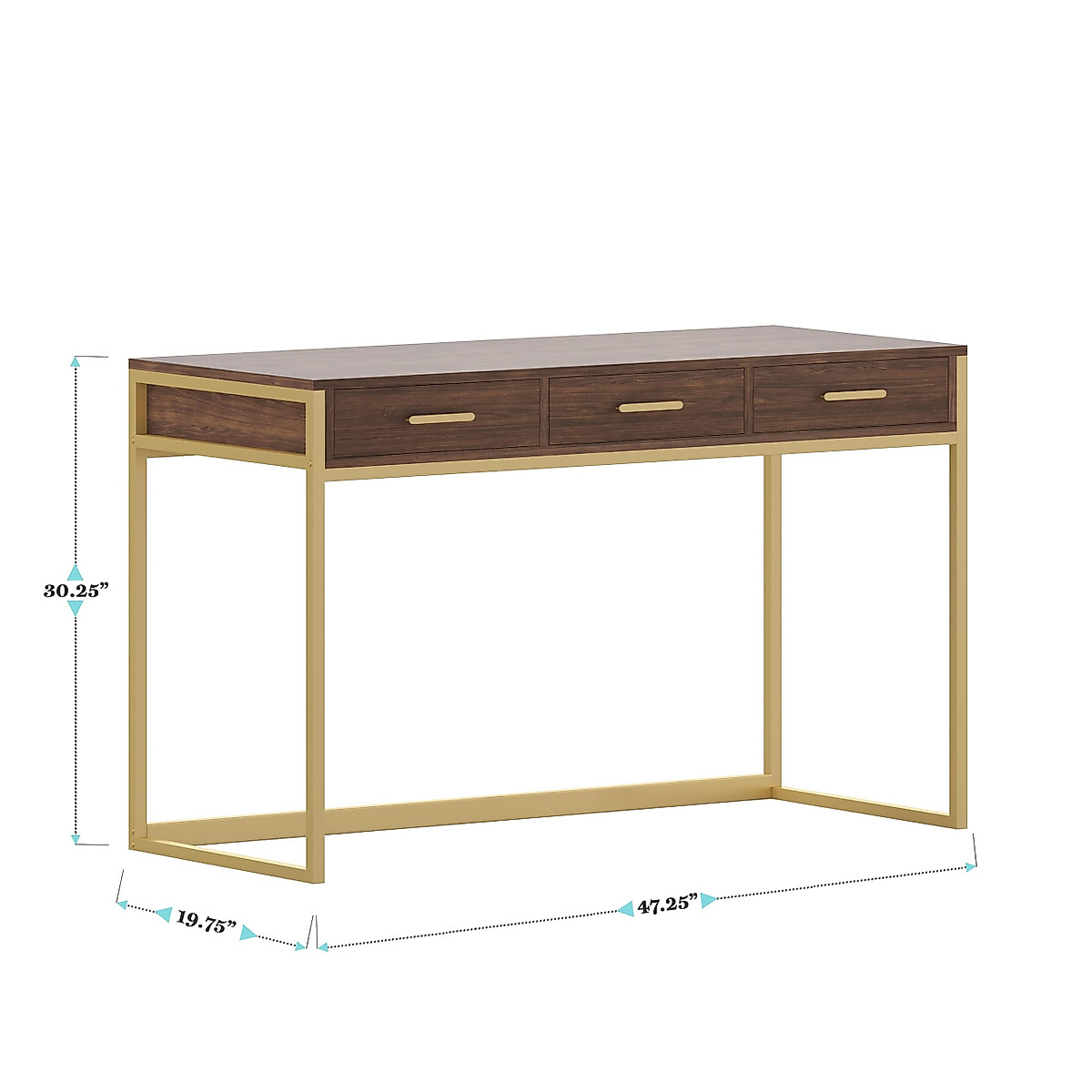 Martha Stewart Ollie Home Office Desk with 3 Drawers in Walnut Wood Grain with Polished Brass Hardware