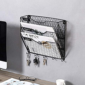 Superbpag Hanging Mail Sorter Organizer 3-Tier Metal Chicken Wire Wall Mount Magazine Literature Rack with Key Holder, Black