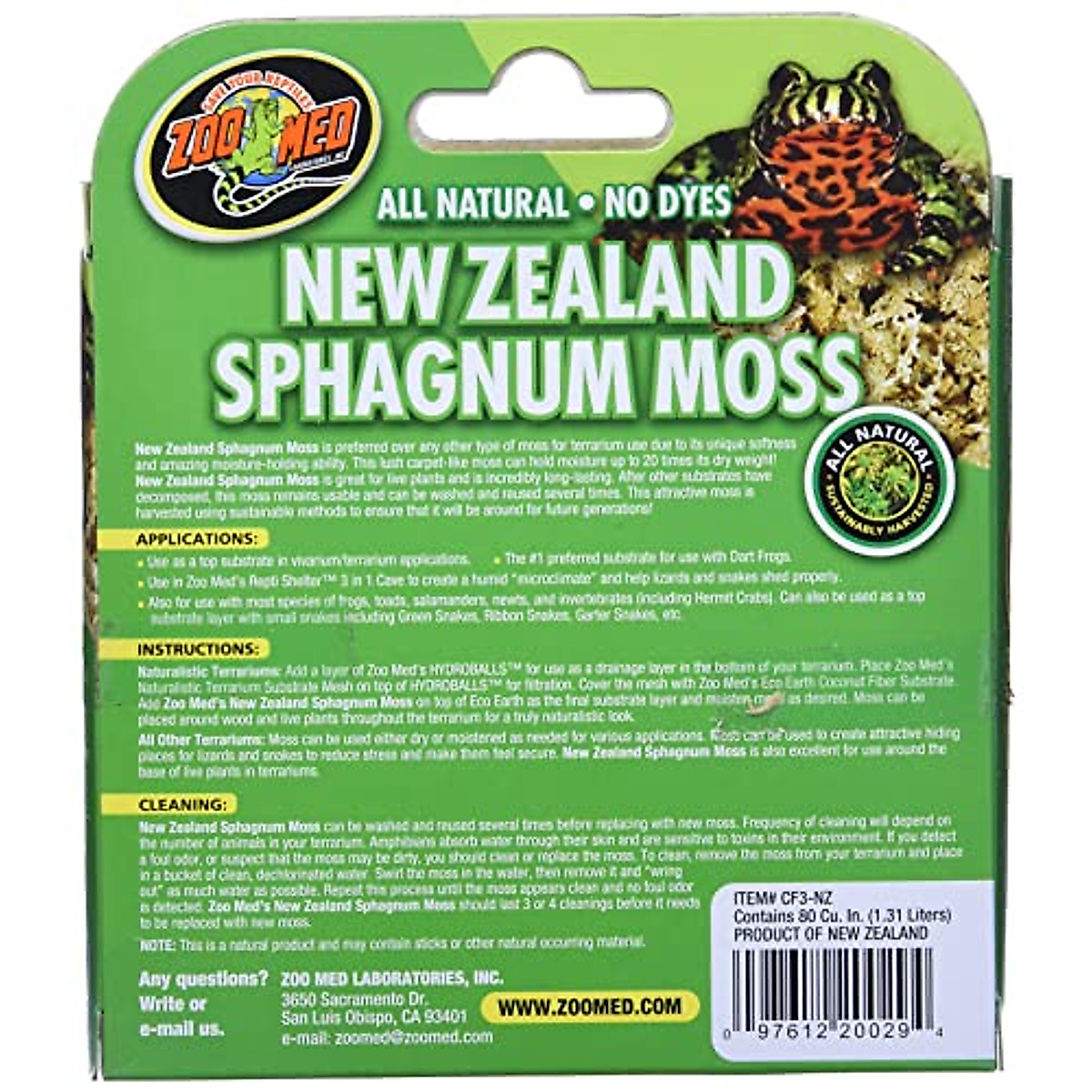 Zoo Med Laboratories SZMCF3NZ New Zealand Sphagnum Moss, 80 Cubic Inch