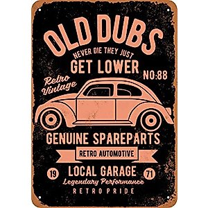 Old Dubs Genuine Spare Parts VW (Black Background) Vintage Look Metal Sign for Home Coffee Wall Decor 8x12 Inch