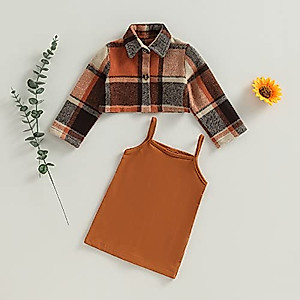 WALLARENEAR 2PCS Toddler Baby Girl Lapel Long Sleeve Button Down Plaid Jackets + Spaghetti Strap Dress Sets (Brown, 2-3 Years)