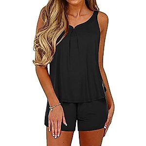 Ekouaer Pajamas Sets for Women Tank Tops with Shorts Sleepwear Nightwear Pj Set S-XXXL Black