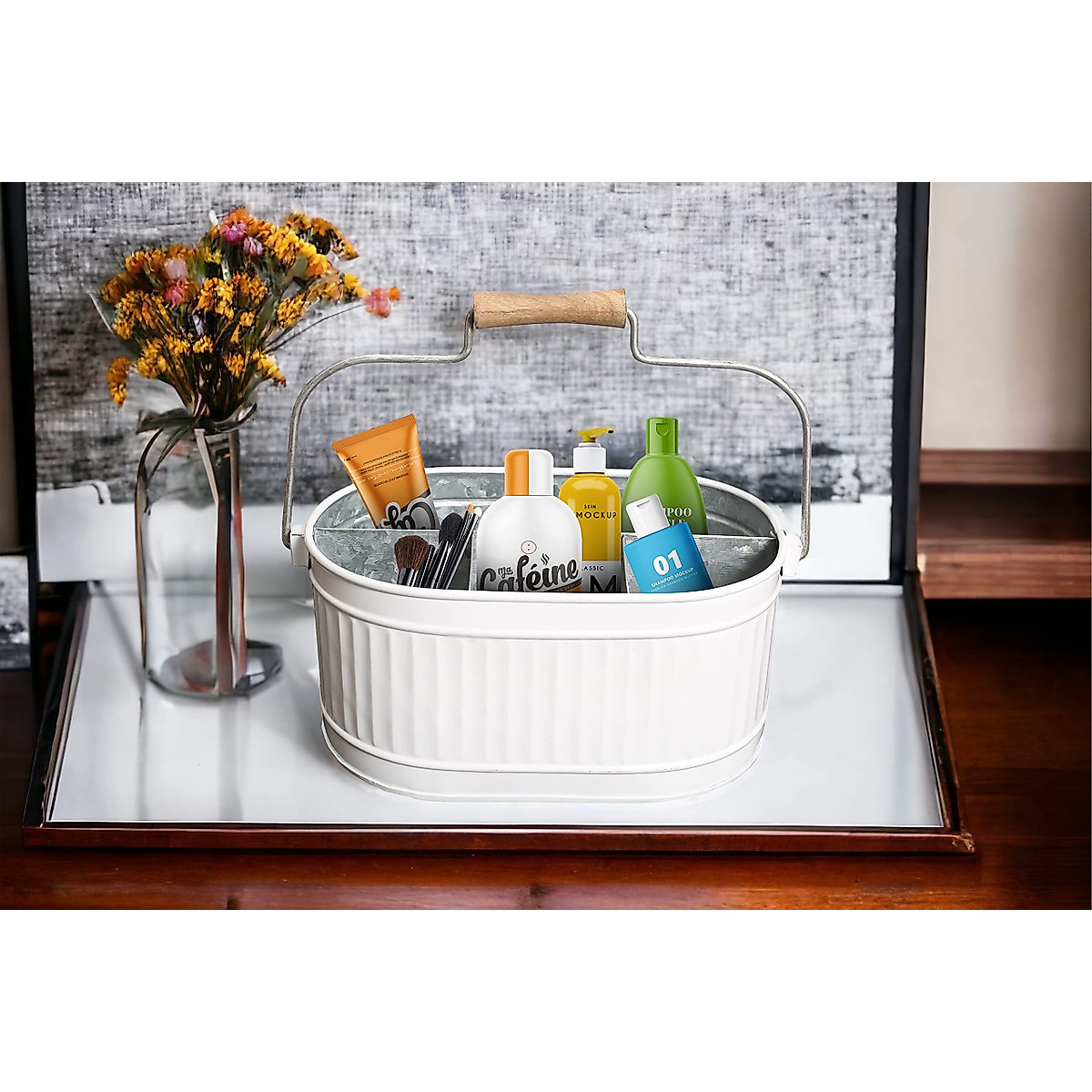 utensil caddy for parties, utensil caddy for countertop, kitchen utensil caddy, plate and utensil caddy - picnic utensil caddy, kitchen utensil caddy for countertop - 12 Inches (Snowy White/Grey)