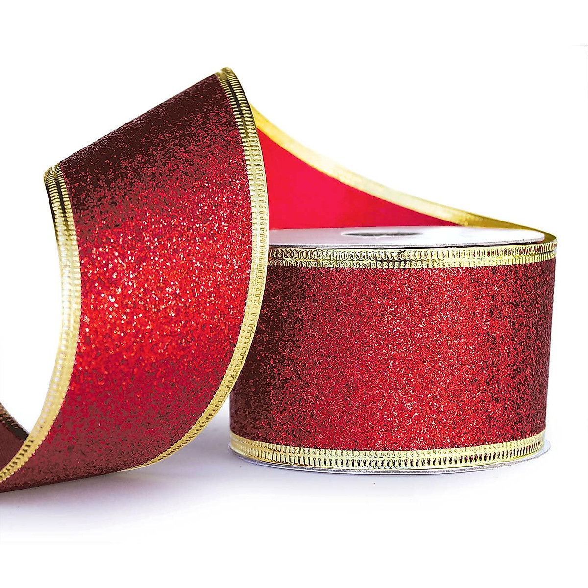 Christmas Ribbon Glitter Wired Christmas Ribbons Red Green Wire Edged 2 inch Wide x 6 Yds for Gift Wrapping Bows Christmas Tree Ribbon Garland Wrap Around Ribbon for Xmas Trees Gifts Crafts Presents