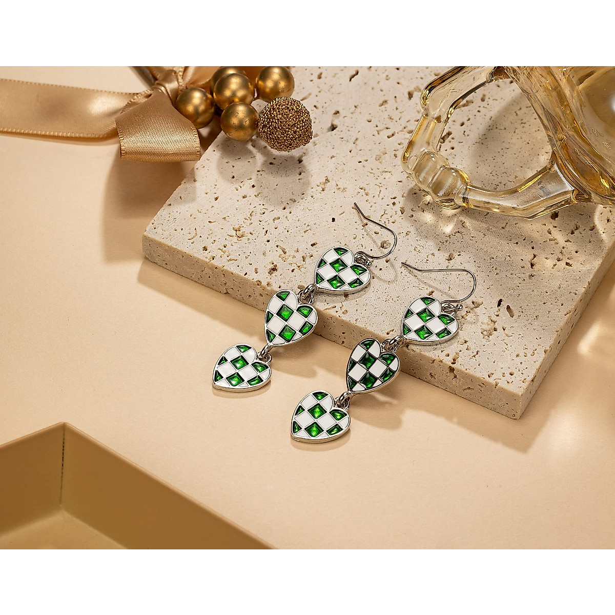 St Patricks day Decorations Green Interlocking Heart Earrings for Women, Good Luck Irish Party Jewelry