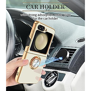 Dinick Compatible for Samsung Galaxy Z Flip 5 Case with Ring Holder Kickstand [with Magnetic] Soft TPU Shockproof Electroplated Protective Phone Case for Galaxy Z Flip 5 White