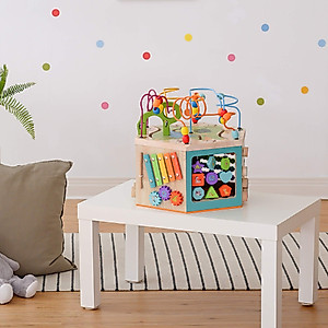 Teamson Kids Preschool Play Lab 7-in-1 Large Wooden Activity Cube Station Center Bead Maze and Counting for Kids Baby Toys, Natural