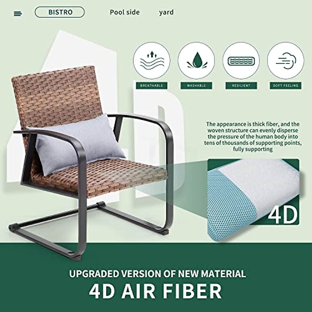 3 Pieces Patio Furniture Set,Outdoor Bistro Set,C-Spring Dining Chairs with Washable Cushion,Conversation Furniture for Garden Poolside Balcon,4D Air Fiber Cushion,Premium Rattan,400lbs Capacity